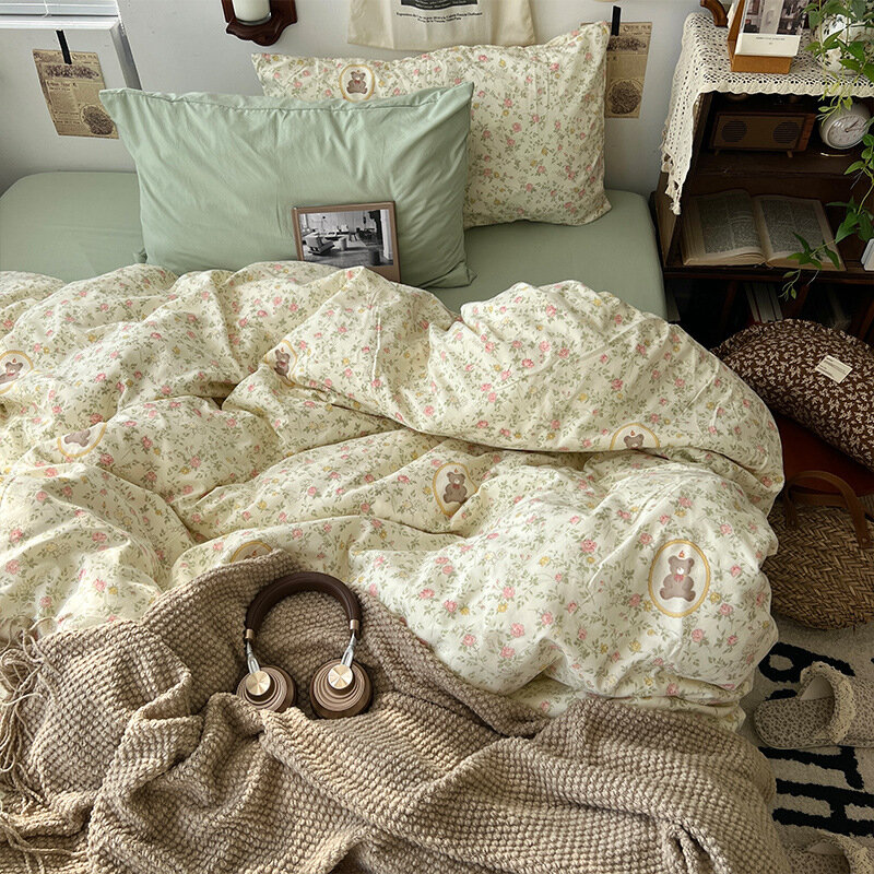 Комплект из четырех простыней из стираного хлопка с милым рисунком (класс А), осеннее постельное белье, пододеяльник для студенческого общежития, комплект из трех предметов,180*220cm