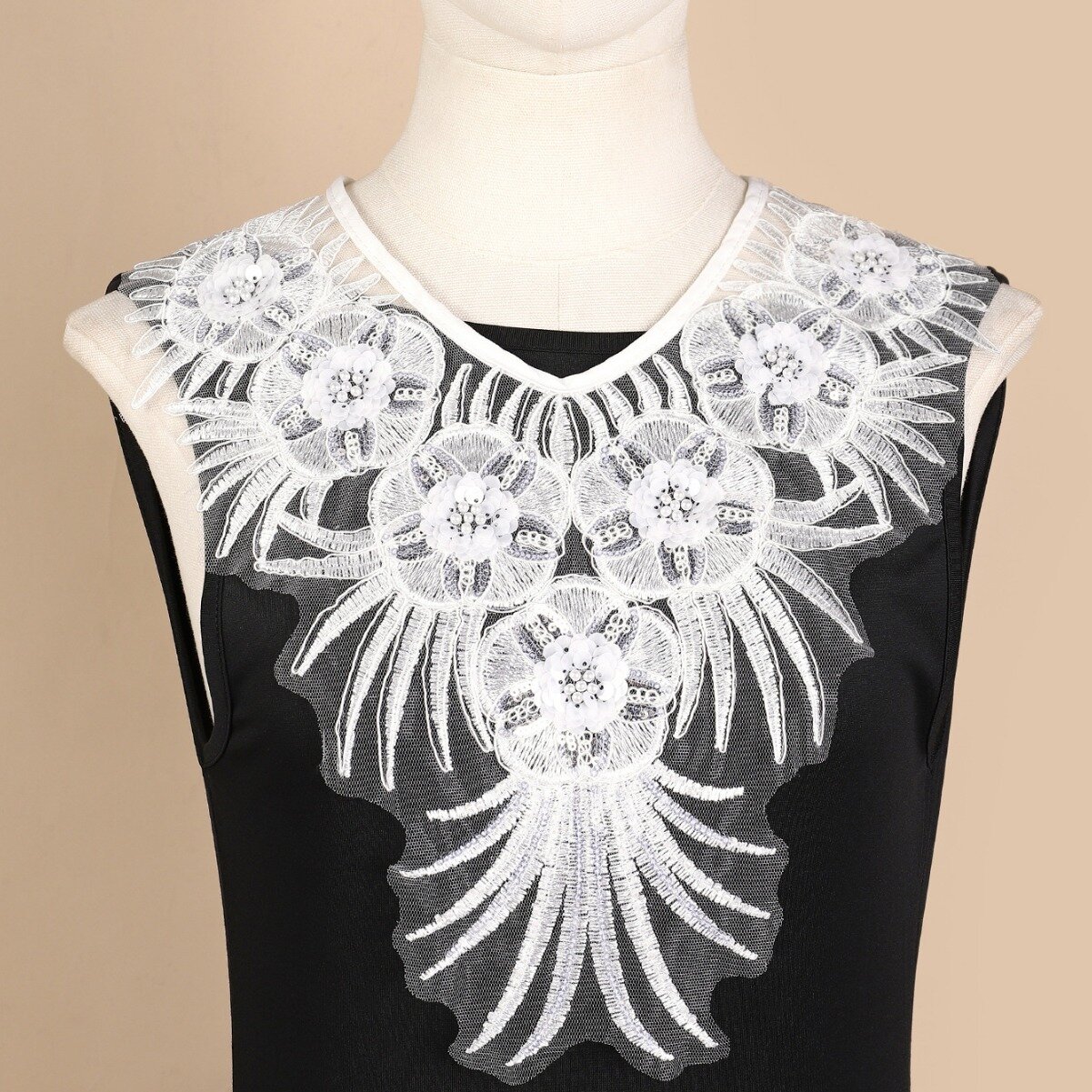 Воротник сценического костюма, белый, молочный шелк, вышивка бисером, аксессуары для свадебного платья