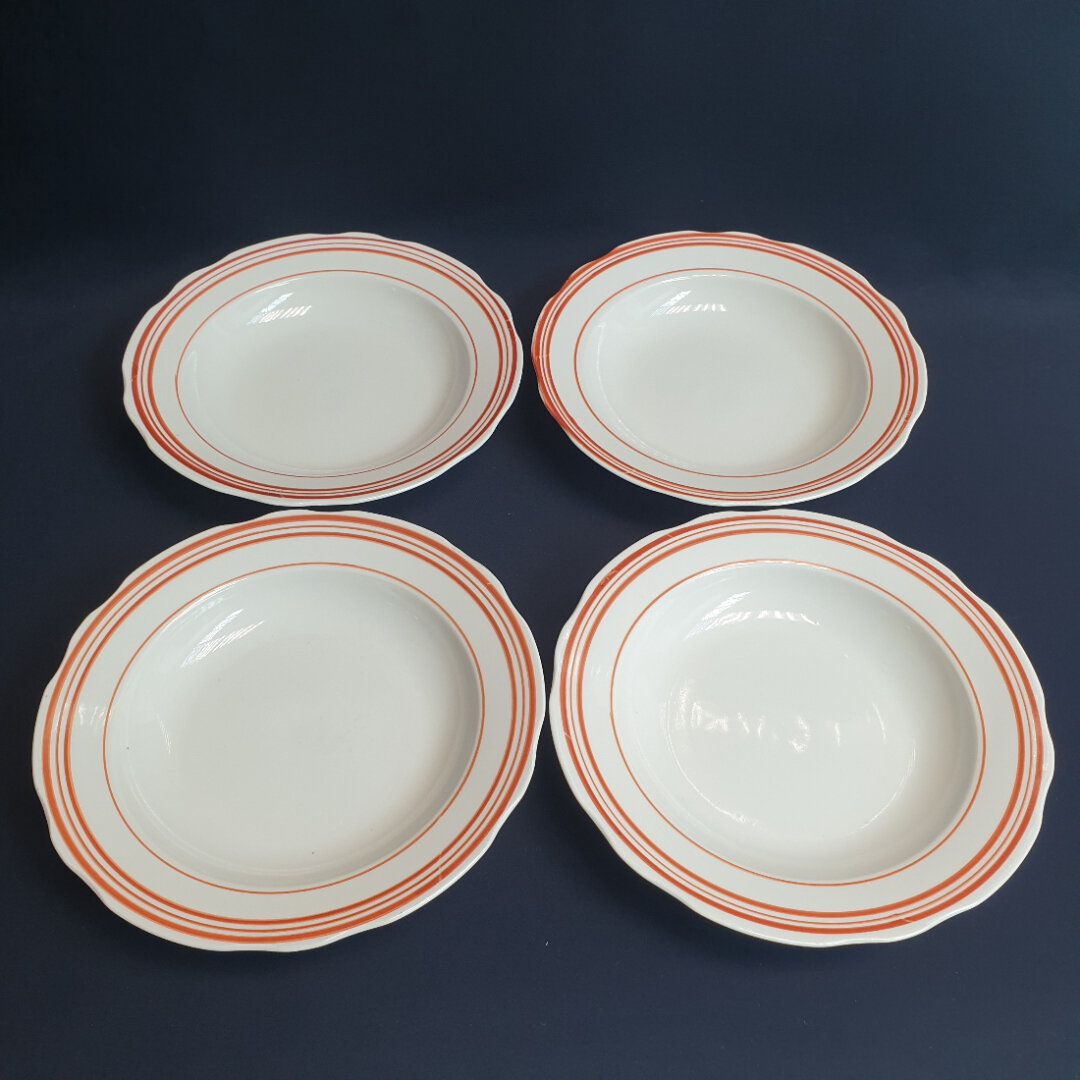 Набор суповых тарелок 4 шт, Дулево, фарфор, ручная роспись. Винтаж, СССР.