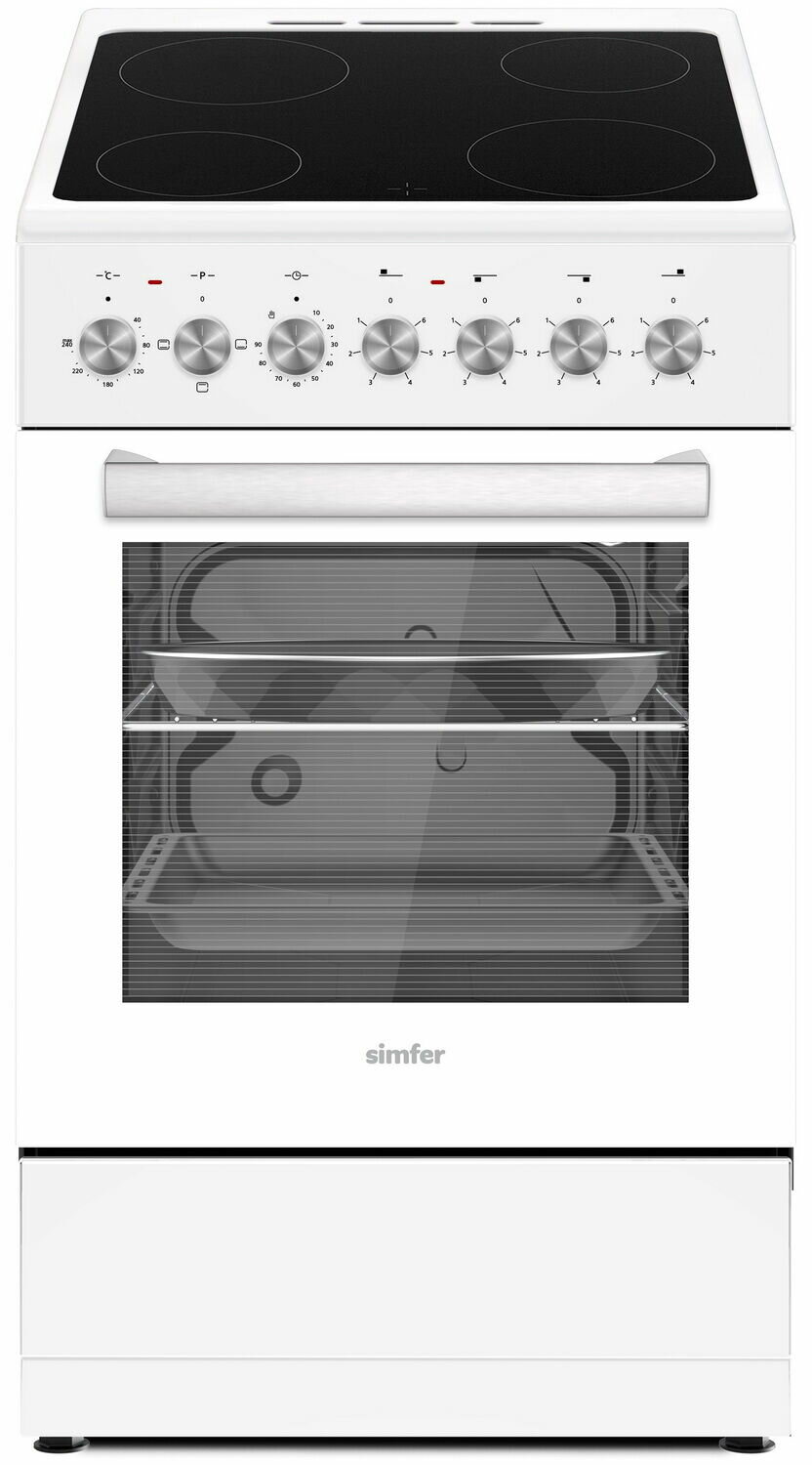 Электроплита Simfer F56VW04025 белый, 50 см, 4 конфорки Hi Light, таймер