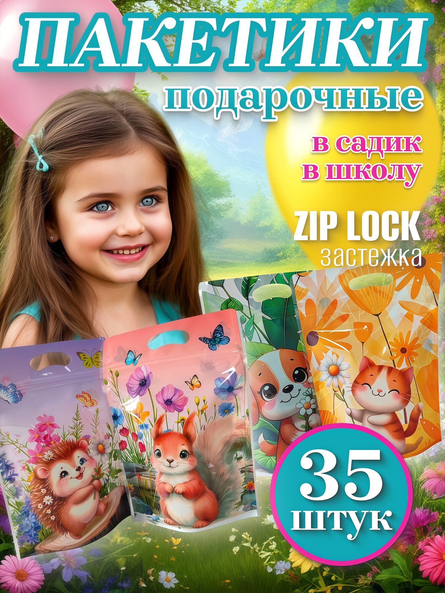 Пакетики для сладостей в детский сад и школу / зверята 35 штук