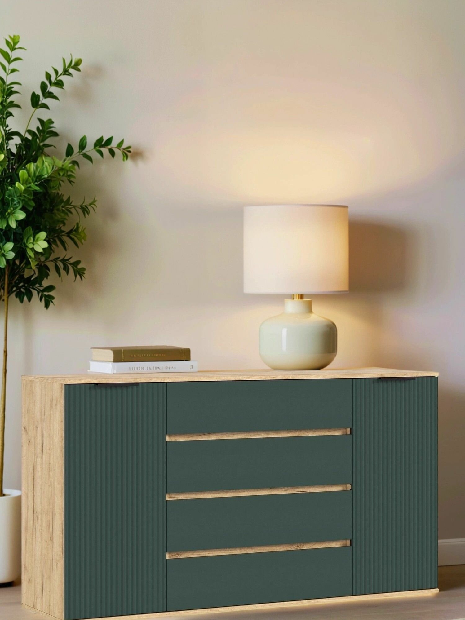 Комод Марвэл 2 двери 4 ящика с полками, в цвете: Браш Мени Грин, Дуб Крафт