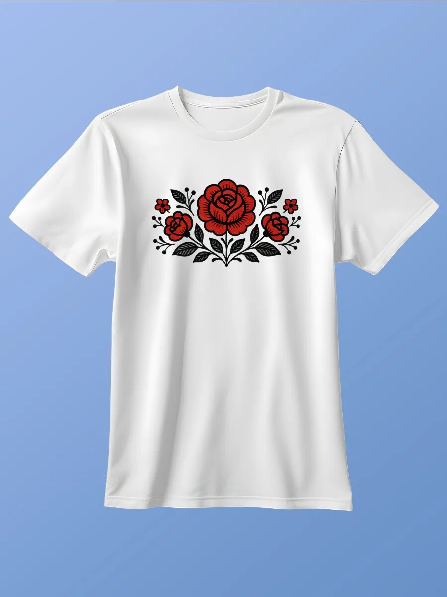 Футболка с принтом красная роза славянский орнамент