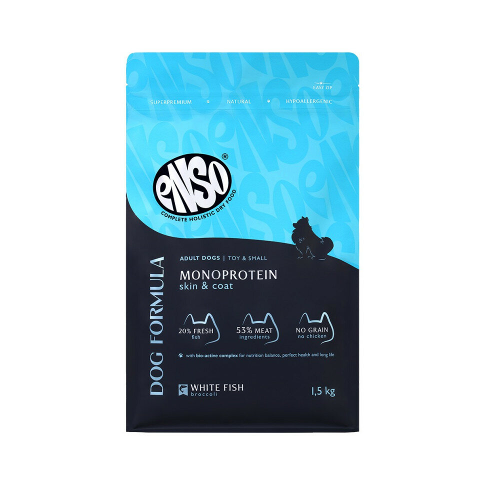 Сухой корм ENSO Dog Formula Monoprotein для взрослых собак мелких и миниатюрных пород с белой рыбой и брокколи - 1,5кг