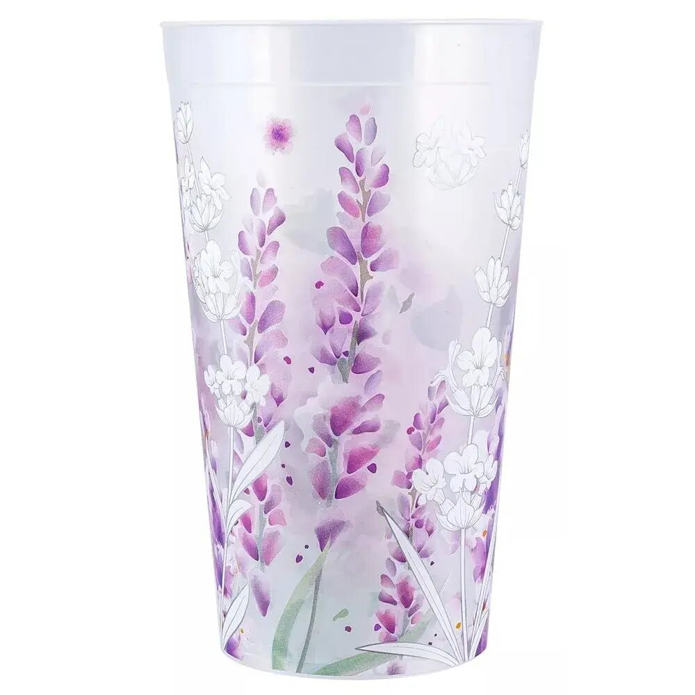 Стакан пластиковый 0,4л, серия "Lavender", белый с фиолетовым, цветы, для напитков, полупрозрачный, гладкий пластик — фото 1