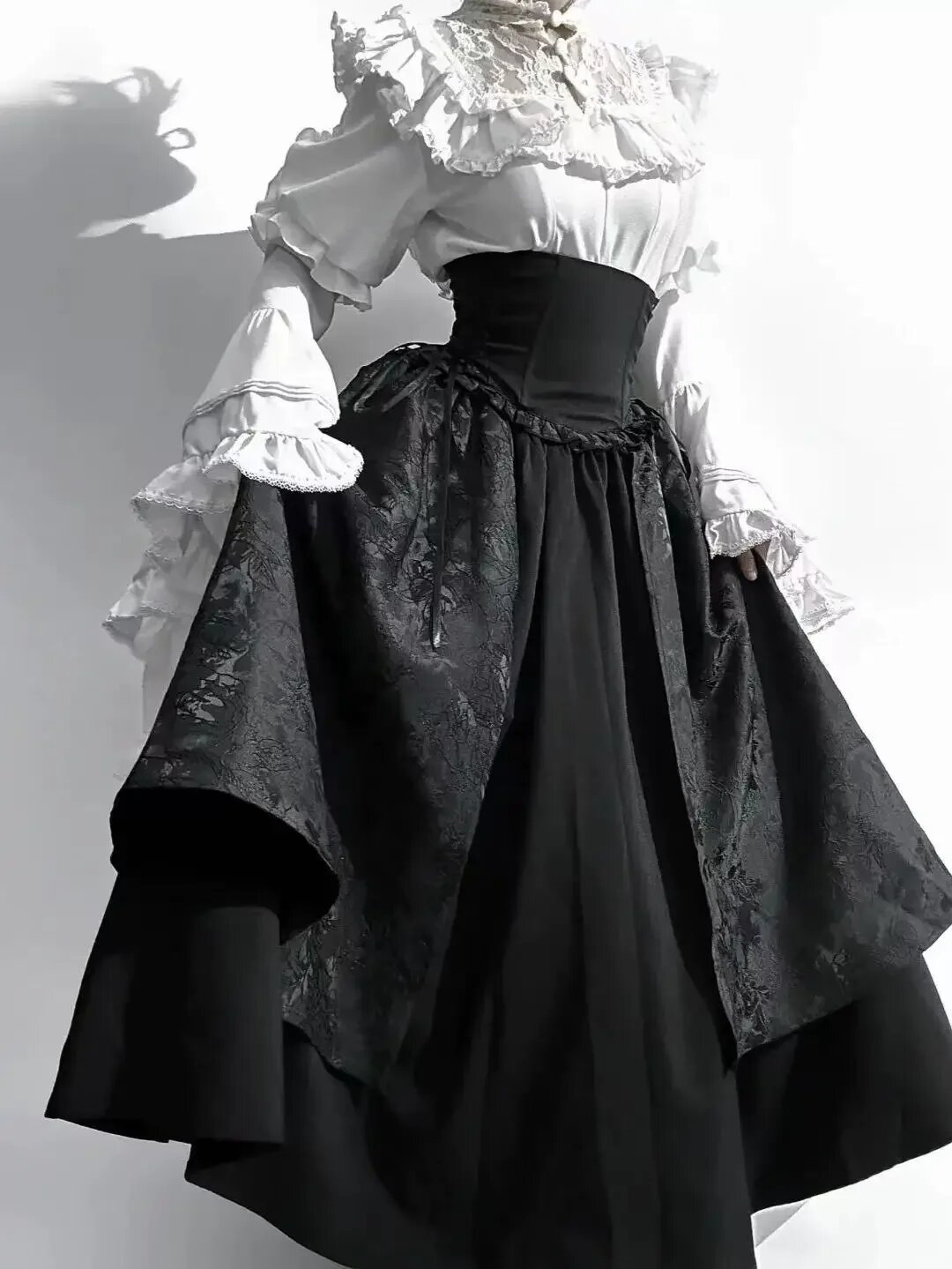Женский викторианский костюм в стиле барокко и рококо, темная роза Черный, S, White Shirt Skirt