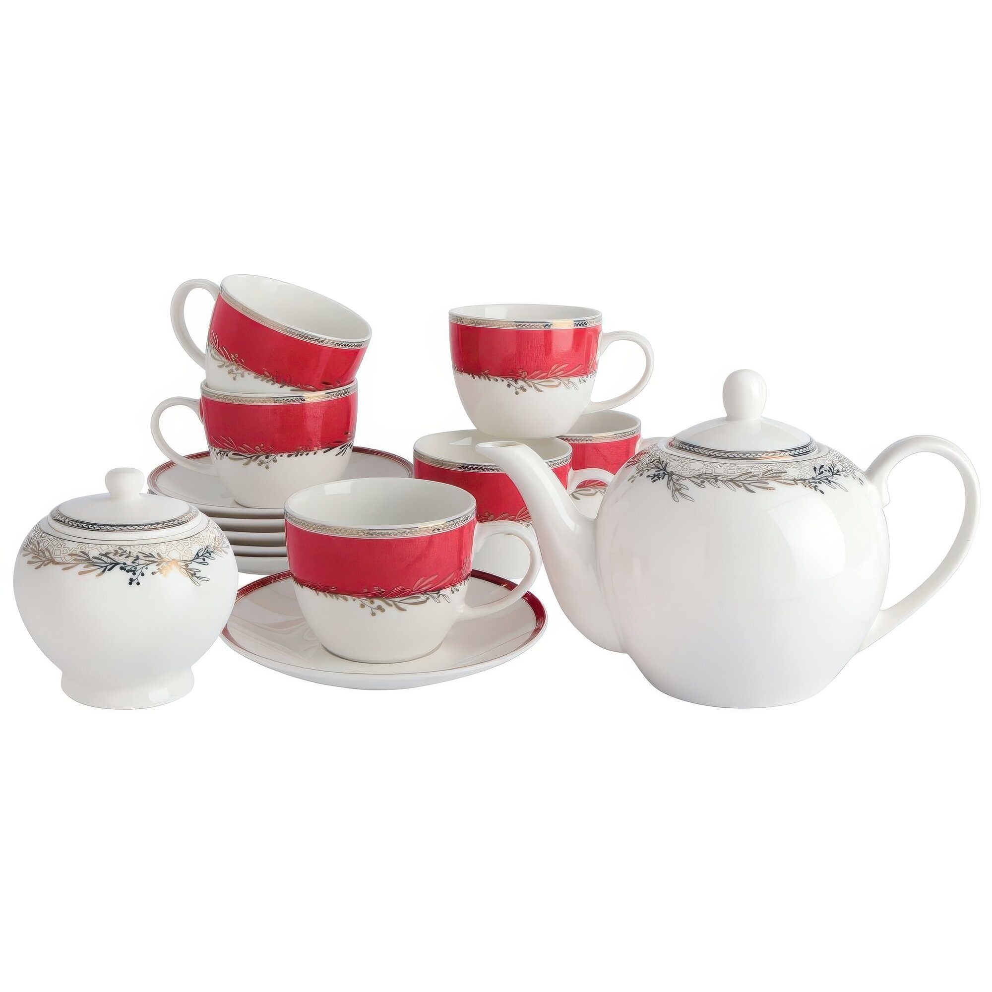 Сервиз чайный Gipfel Charlotte 51563, 14 предметов, фарфор, красный/белый/золотой