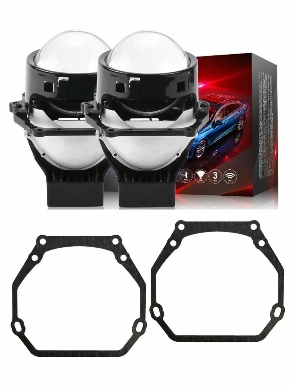 Комплект Bi-Led линз на Москвич 3 2022-2025 (Галоген фары), линзы Билед 5500k с рамками