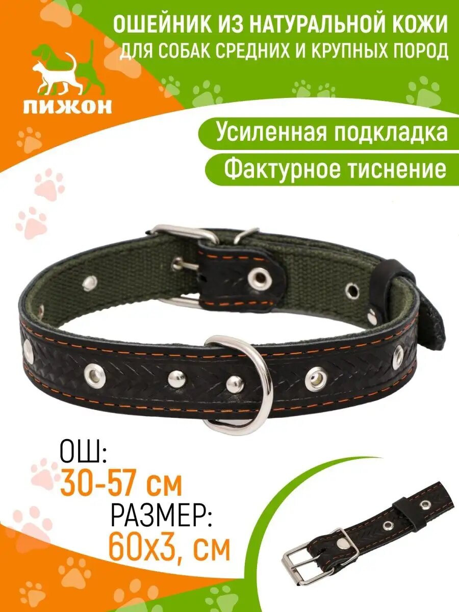 Ошейник комбинированный безразмерный, кожа/брезент, 60 х 3 см, ОШ 30-57 см, чёрный/зелёный