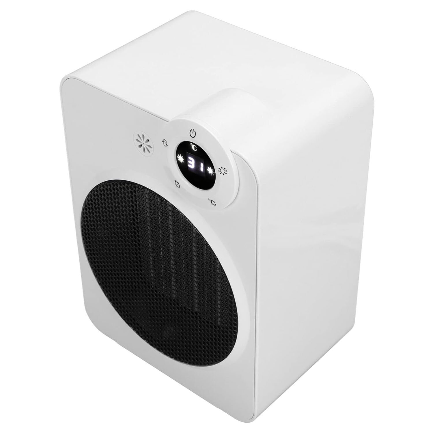 Chrome Kennel Heater, Iron Alloy, Metal Wire, Smart Timer, EU Plug, 220V, Mini Space Heater, 3 Gears, Cool Wind, ABS, white color, 12x17.5x24.5cm, 50-60Hz, 1 x CR2025 button battery, 150mAh, 2000W, 10-35℃, -20~25℃, relative humidity less than 85%, low