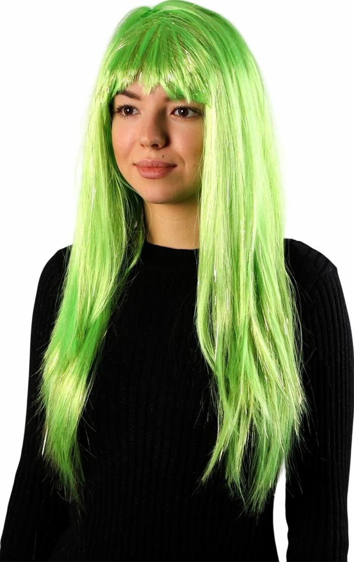 Карнавальный парик "Блеск" с длинными прямыми волосами, цветной из искусственного волоса с челкой для детских праздников, косплей для детей, цвет зелёный
