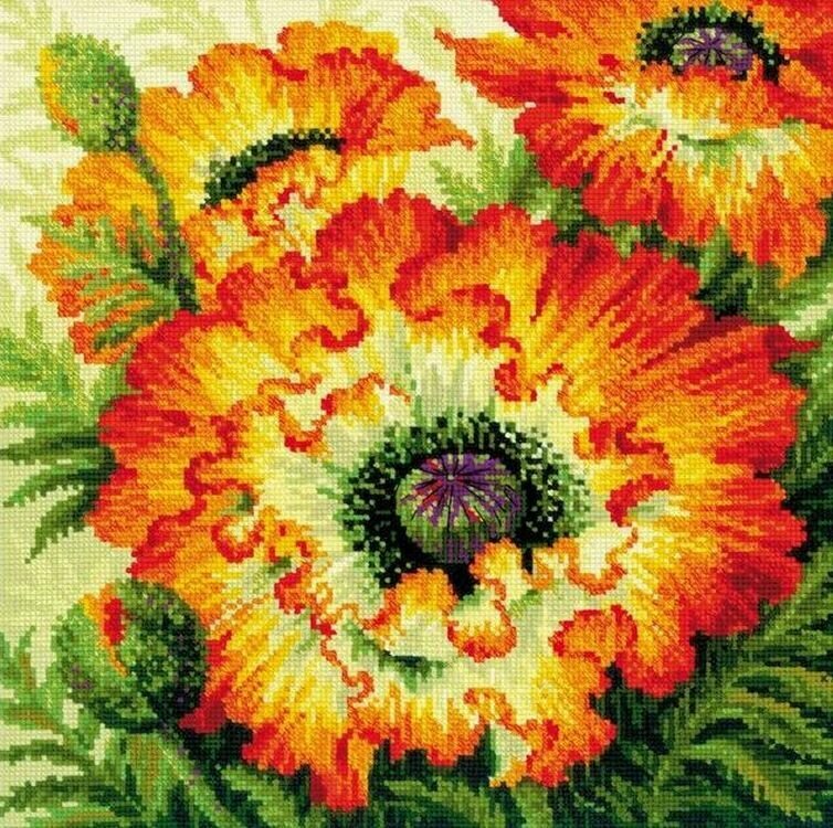 Вышивка нитками набор Riolis "Пламенные маки" 40x40 см, Цветы
