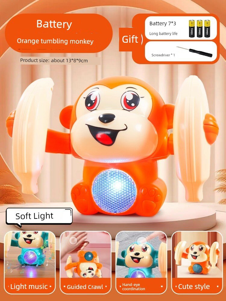 Батарейная версия звукового светящегося ползучего мартышки в оранжевом цвете с 3 батарейками AA и отверткой