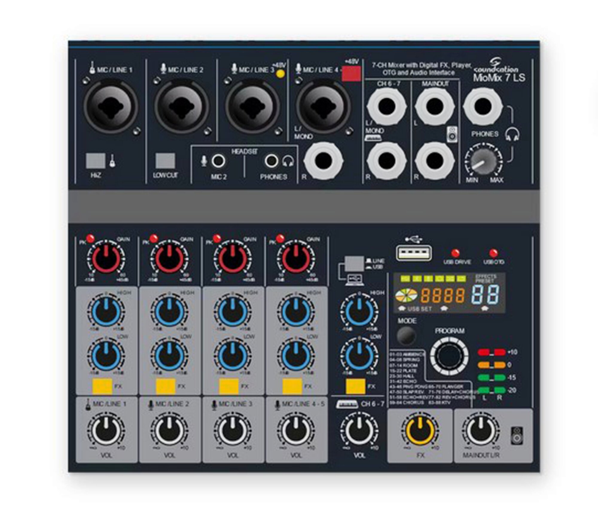 MioMix-7LS Микшерный пульт, 7 каналов, фантомное питание +48 В, Soundsation