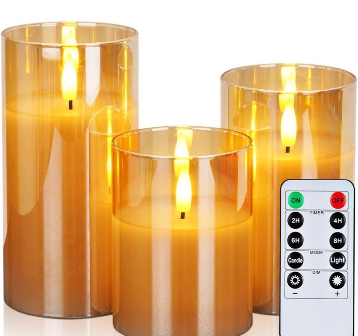 Набор светодиодных свечей, 3 шт, с пультом, высота 15/12.5/10 см (золотой)