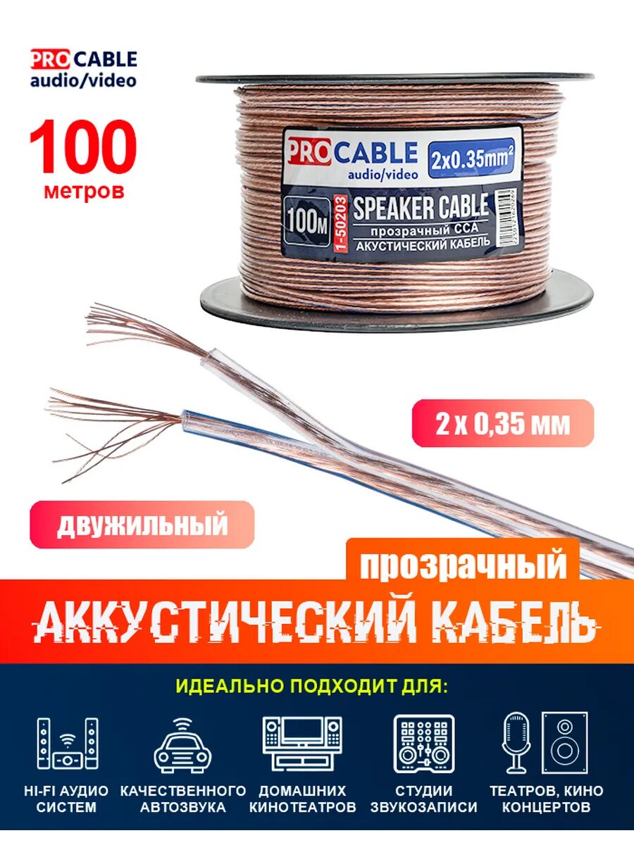 Акустический кабель Procable, 2x0.35мм², ССА, прозрачный, длина 100м