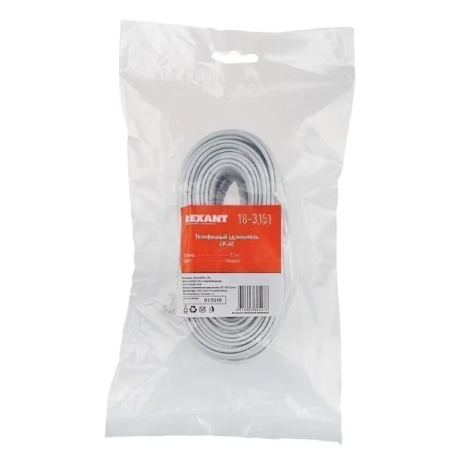 Rexant (18-3151) Удлинитель телефонный, плоский, RJ-11 (6P-4C), 15м, белый