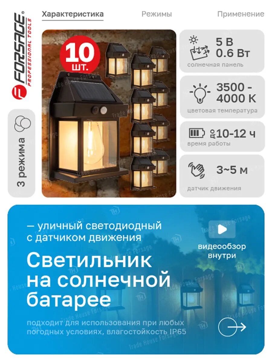 Светильник настенный на солнечной батарее 10шт.