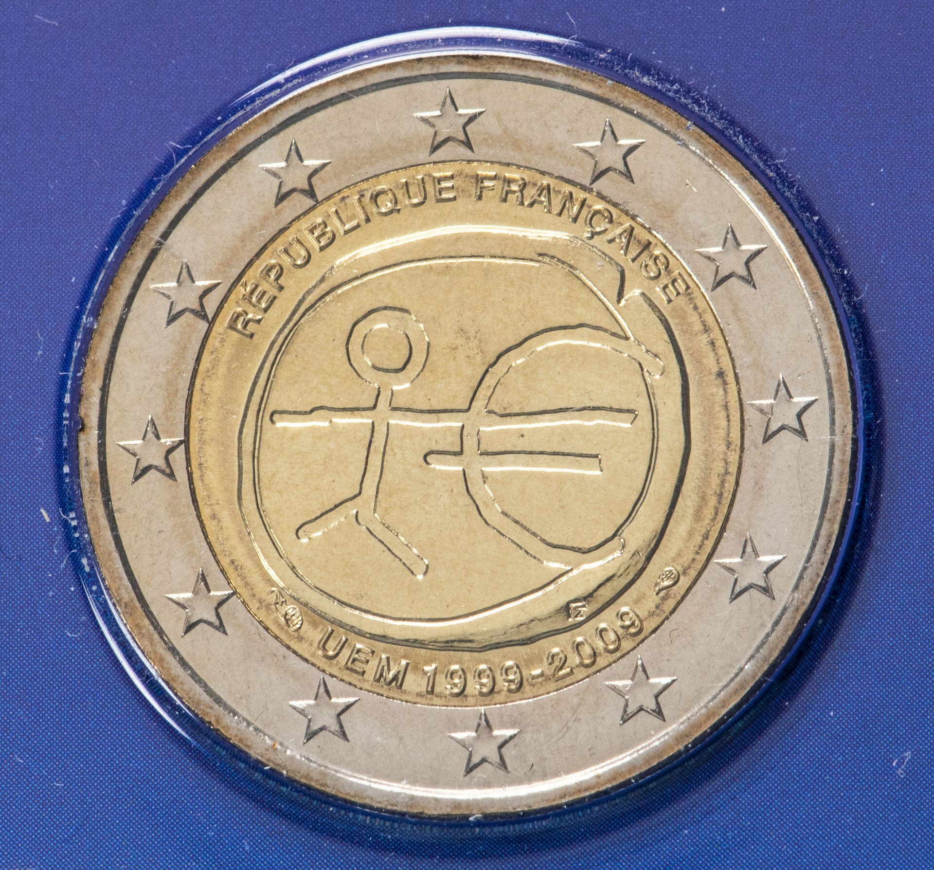 Франция 2 евро 2009 "10 лет Экономическому и валютному союзу" официальный блистер, Биметалл, в сохранности BUNC