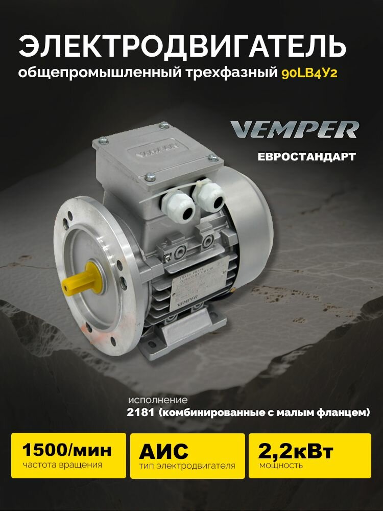 Электродвигатель АИС 90LB4У2 2,2кВт 1500об/мин исп. 2181 (лапы, малый фланец) VEMPER