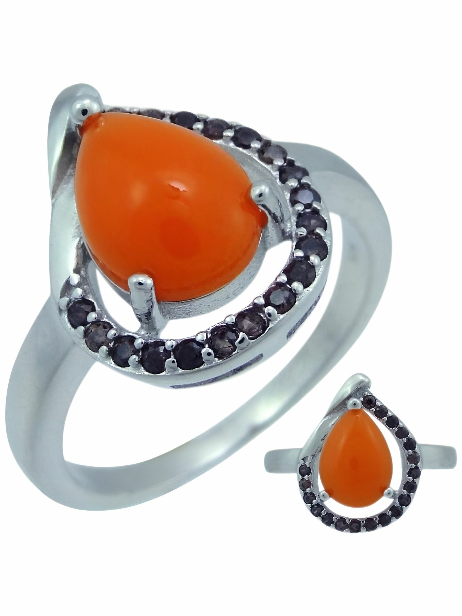 Кольцо тонкое, серебро, 925 проба, родирование, коралл, раухтопаз синтетический