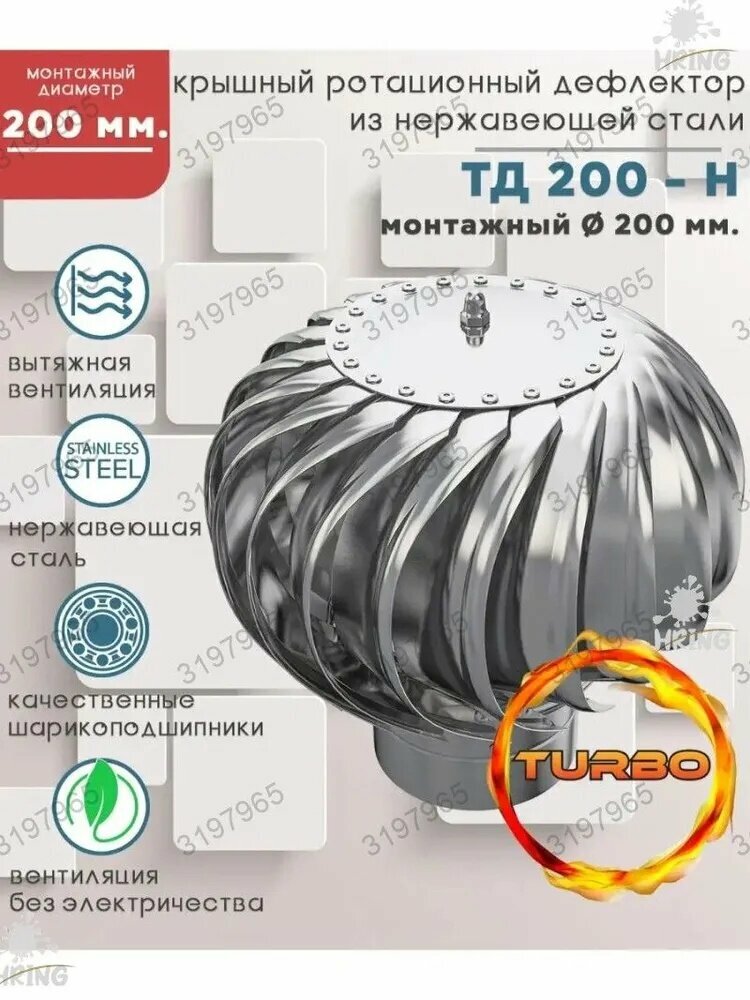 Дефлектор 200 мм для вентиляции, турбо-дефлектор нержавеющая сталь, на трубу 200 мм