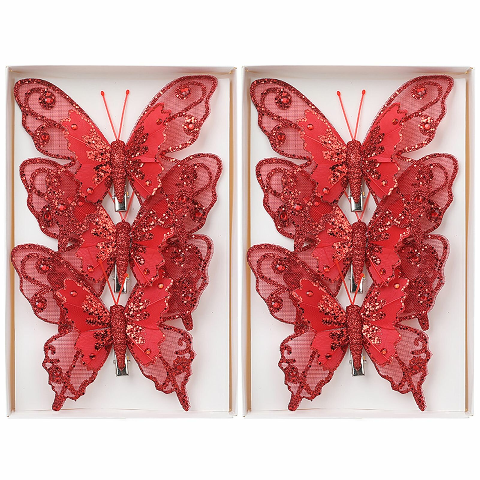 Рождественские украшения в виде бабочек, 2 коробки по 6 шт, красный тип А, имитация бабочки с блестками
