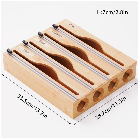 HAQI Органайзер для пленки 3 в 1 с диспенсером и метками, держатель для пищевой пленки, фольги и восковой бумаги, бамбуковый органайзер для кухни, для рулонов шириной до 30.5 см (натуральный)