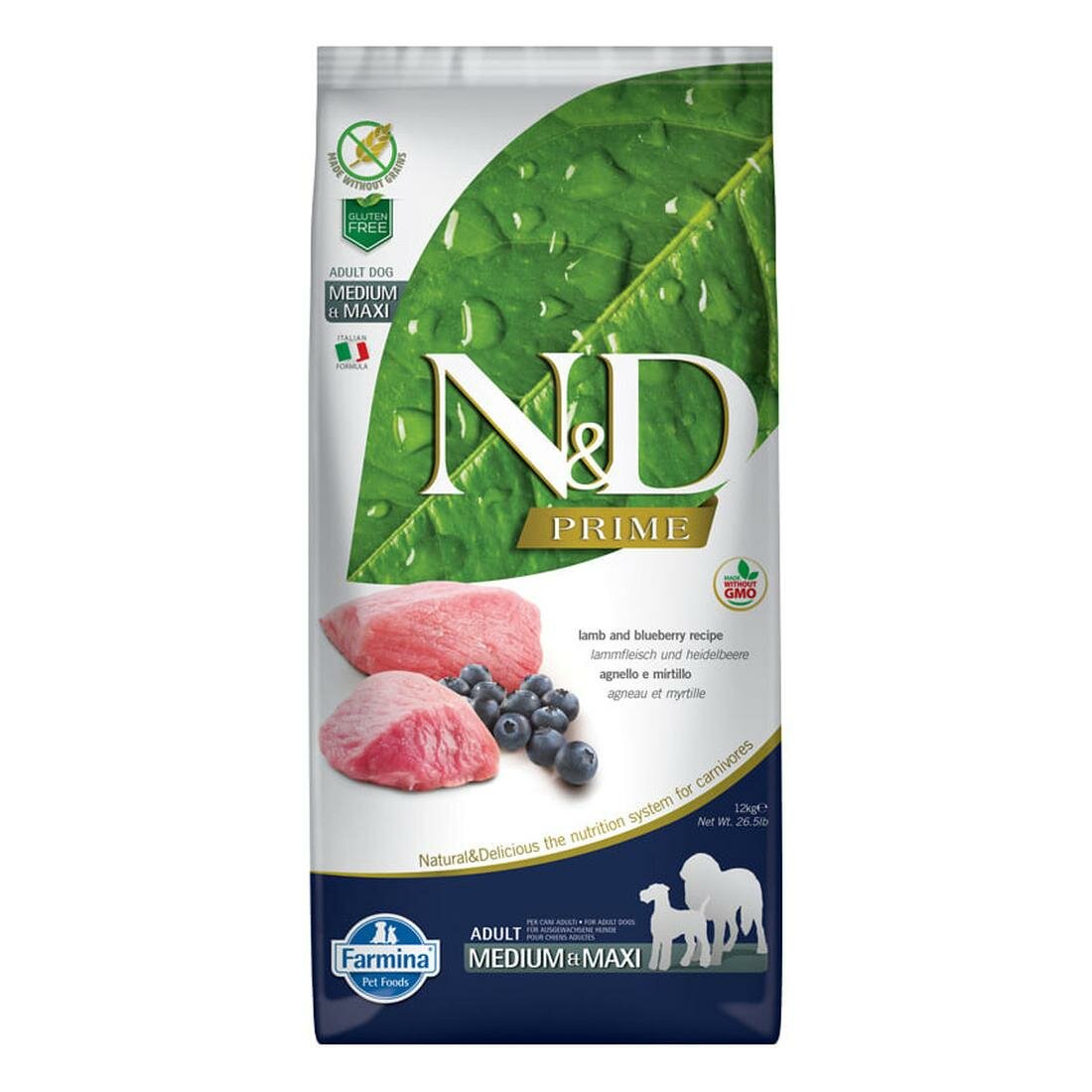 Корм Farmina "Prime Dog Grain Free", для взрослых собак, ягненок с черникой, 12 кг