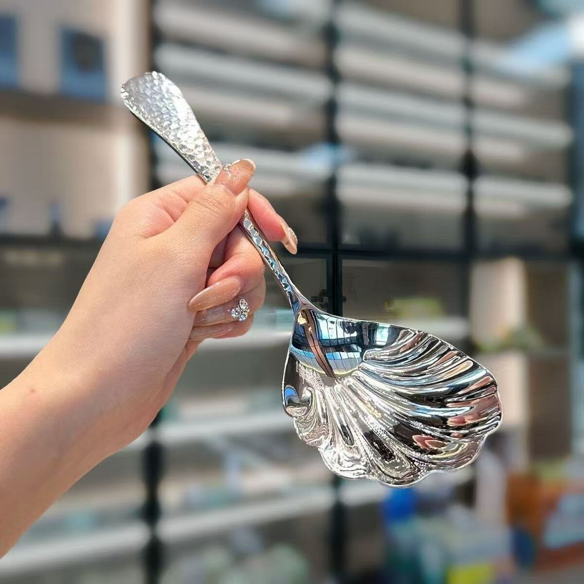 Ложка в форме ракушки, ледниковая текстура, нержавеющая сталь, 21,8×6,8 см