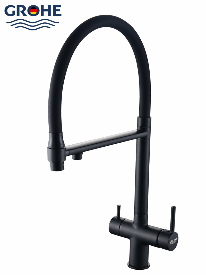 Кухонный смеситель Grohe с диспенсером для питьевой воды и гибким поворотным изливом из силикона.