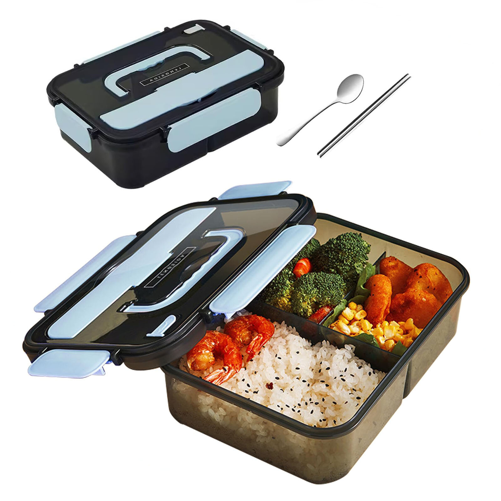 Ланчбокс, 3 отделения, 1500 мл, с приборами для еды, портативный, герметичный, разогреваемый и охлаждаемый, синий, 1 шт, из пластика PP, безопасный для микроволновки, мойка в посудомоечной машине, с ручкой, для фруктов и овощей