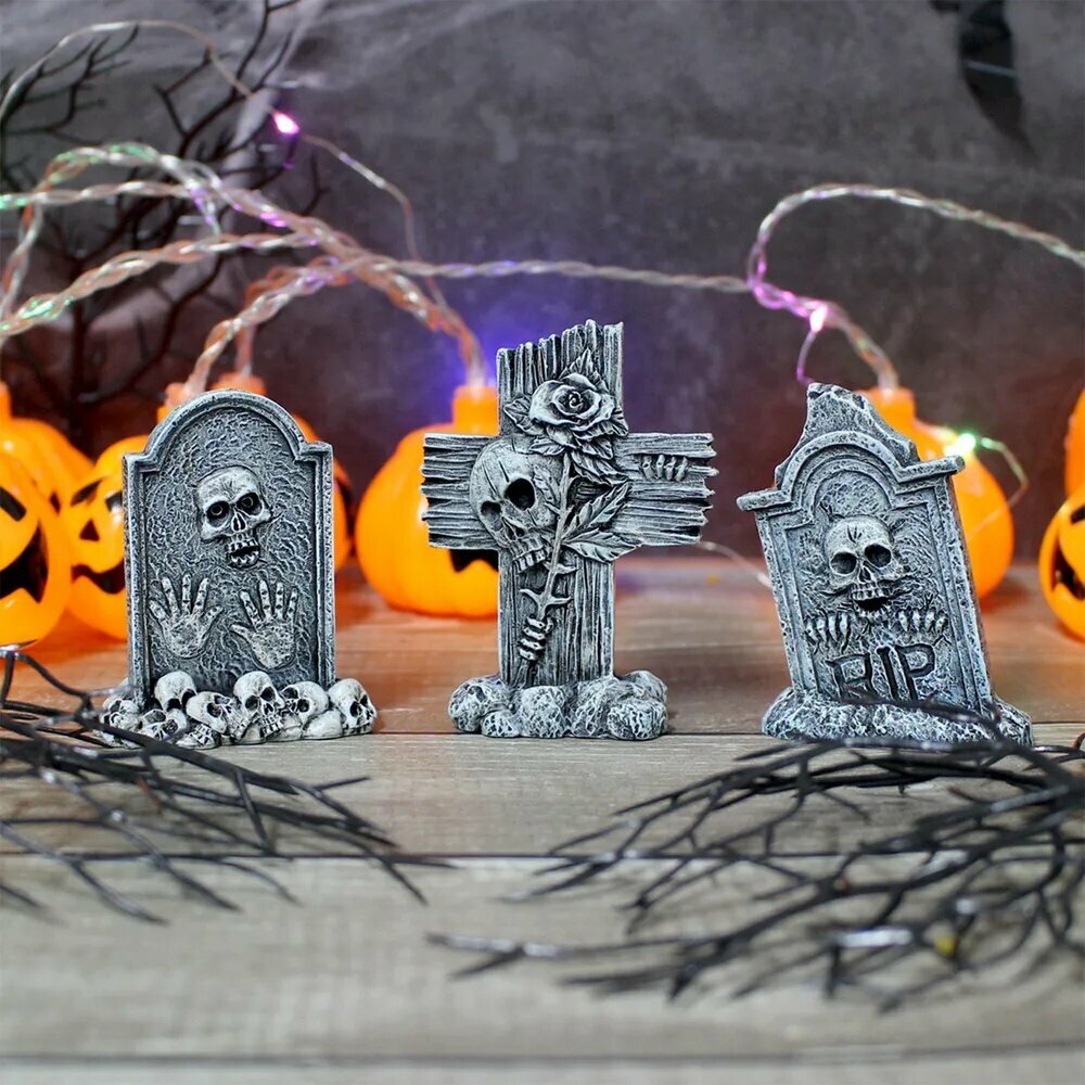 Набор декоративных надгробий с черепами из смолы для Хэллоуина и садового микропейзажа