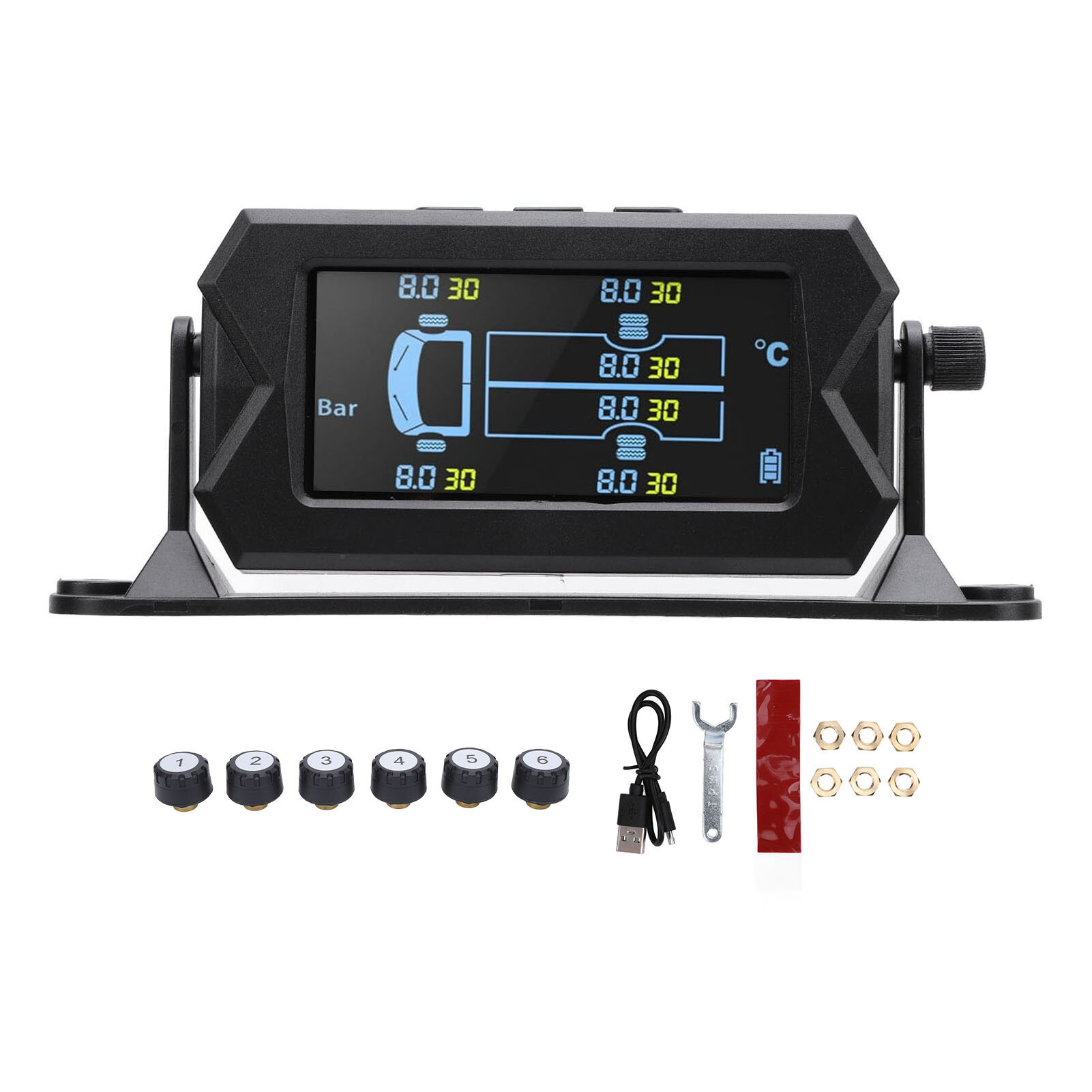 TPMS с солнечной зарядкой, 6 датчиков, мониторинг давления и температуры для прицепов (до 15 бар)