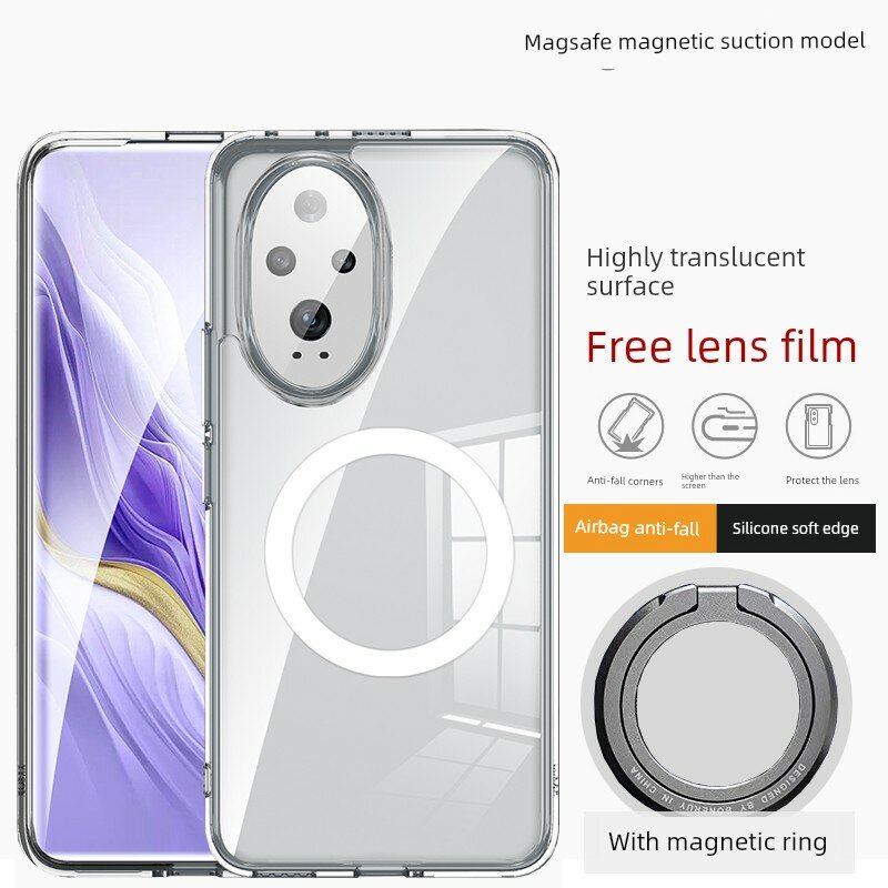 Чехол Honor 200 Pro магнитный с кольцом, полностью прозрачный с глянцевой поверхностью, ударопрочный