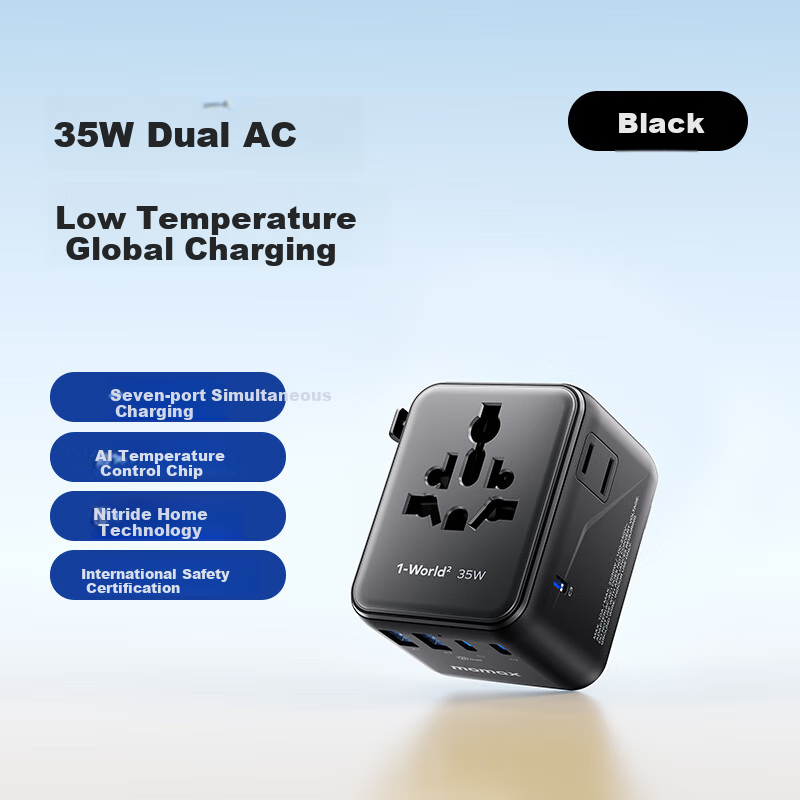 MOMAX Dual AC Super Mini 35W Global Universal Conversion Plug PD Fast Charging Travel Socket/International Universal Travel Converter/UK EU US AU Standard 3C2A Black