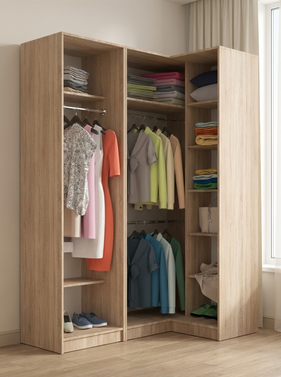 Открытый гардеробный угловой шкаф Макс-12 с 3 штангами для вешалок и 10 полками, ШхГхВ: 160х100х210 см, дуб сонома