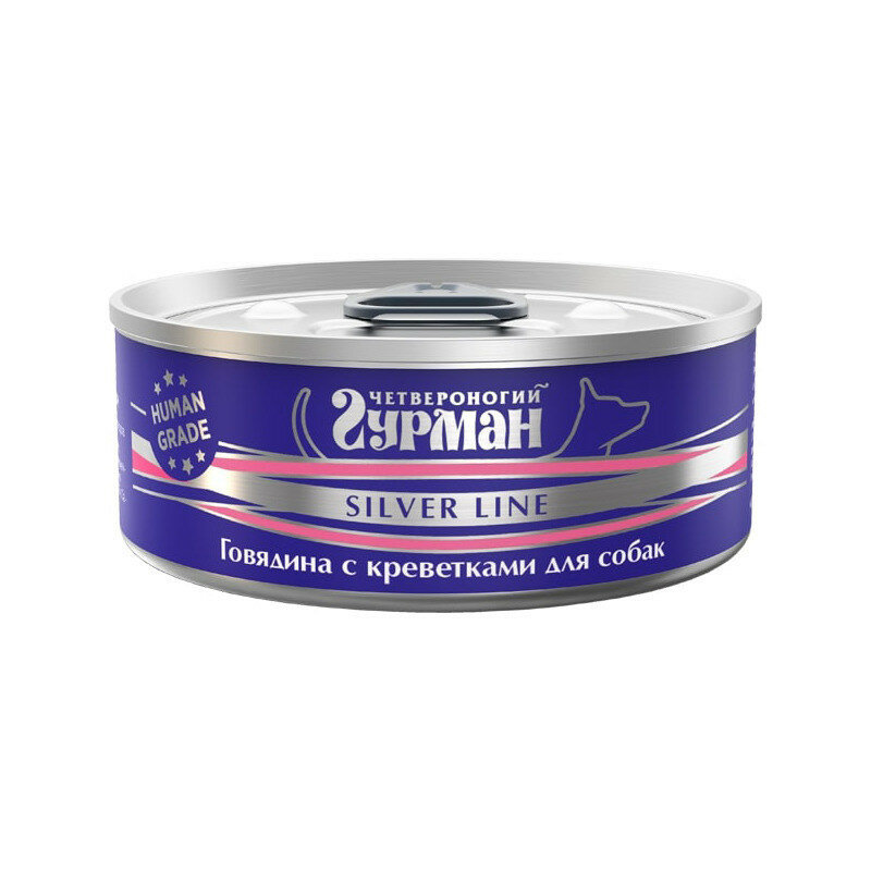 Влажный корм Четвероногий Гурман Silver line для собак всех пород, говядина с креветками, в консервах - 100 г х 6 шт