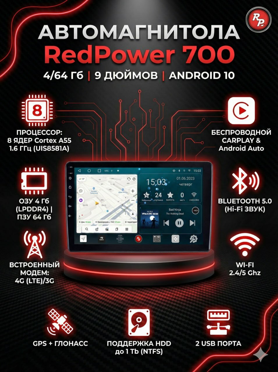 Автомагнитола RedPower 700 4/64 Гб 9 дюймов