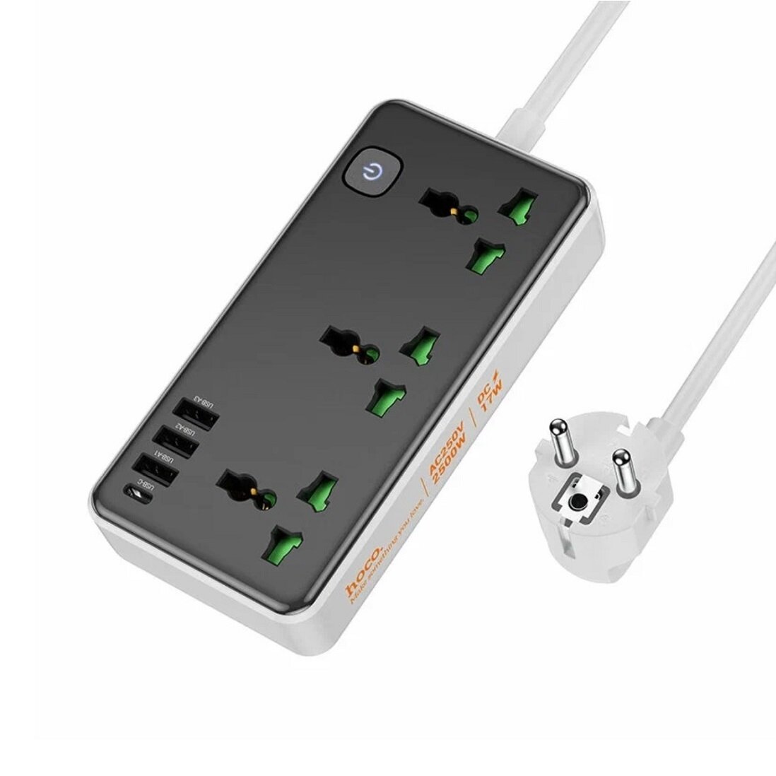 Сетевой фильтр Hoco AC7A DC17W+AC2500W, USB-C+3*USB-A+3*Socket, кабель 5 м, черный