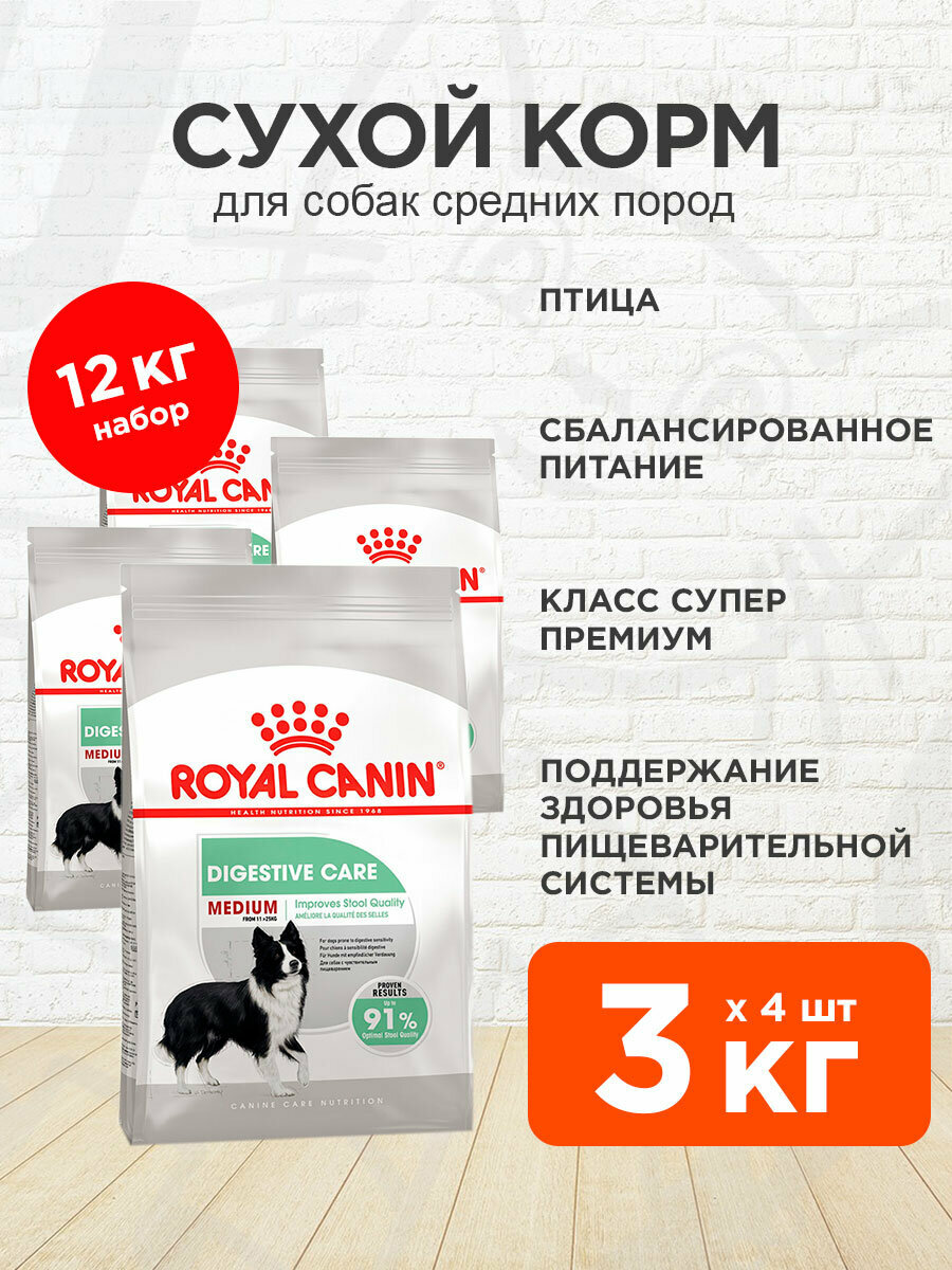 Корм сухой Royal Canin Medium Digestive Care для взрослых собак средних пород для поддержания здоровья пищеварительной системы, 3 кг х 4 шт