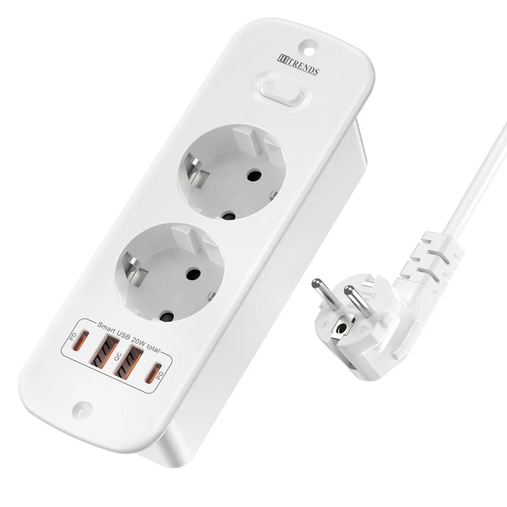 HITRENDS Встраиваемый удлинитель с 2 евророзетками, 2 USB и 2 Type-C (белый), 250V 16A, 4000W, кабель 2м, быстрая зарядка, защита от перегрузки, огнестойкий