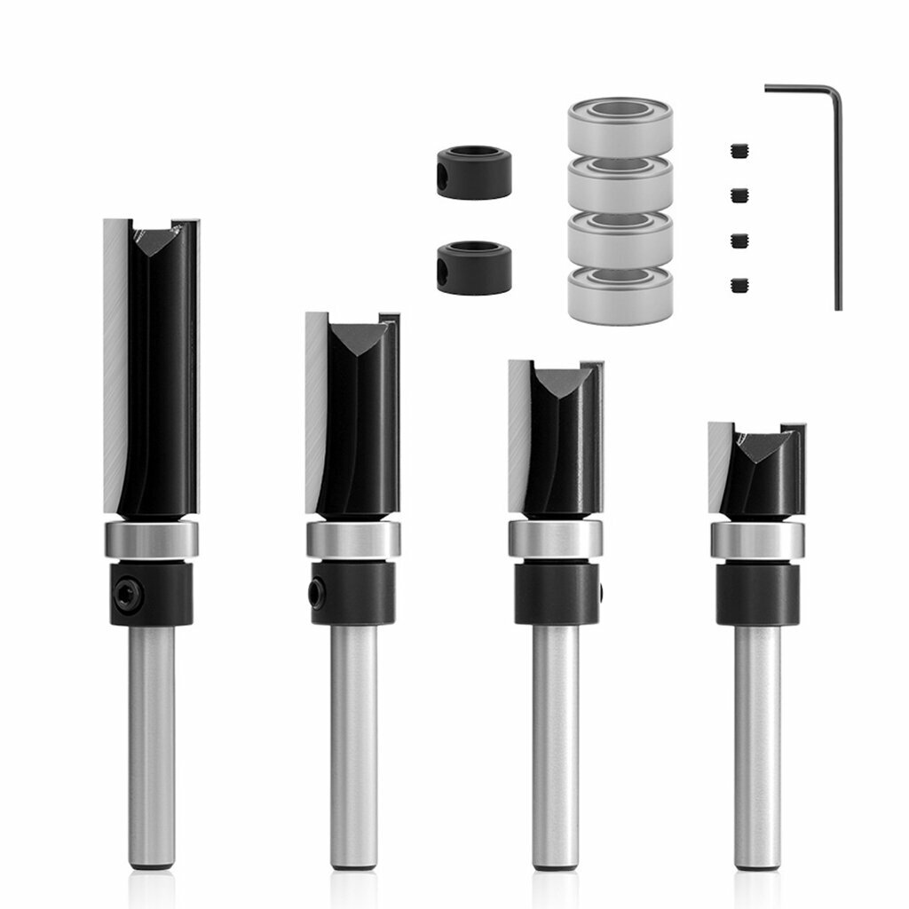 Комплект из 10 разношлифованных прямых фрезерных долот с подшипниками, покрытых черным покрытием для повышения долговечности и точности резки.