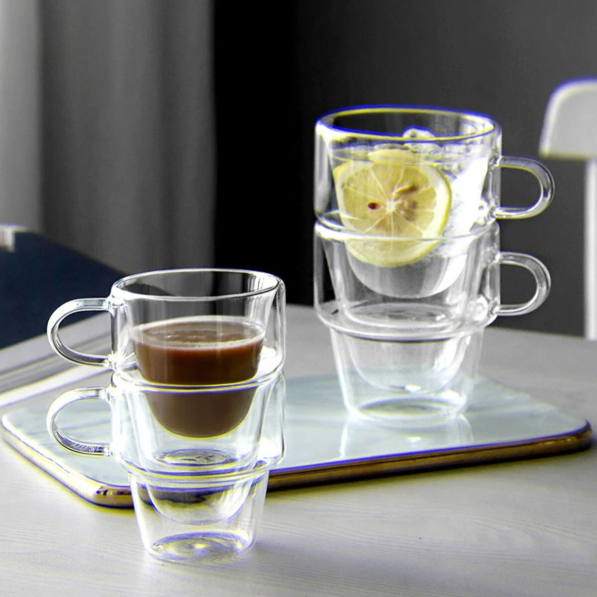 Стеклянные кружки для кофе с двойной стенкой – Набор из 4 штук, 8.79 унции, с ручкой, для горячих и холодных напитков, кофе, латте, капучино, чая, стекло боросиликатное, стекло двойное, стекло, стеклянные, кружки, стеклянные кружки, двойная стенка,