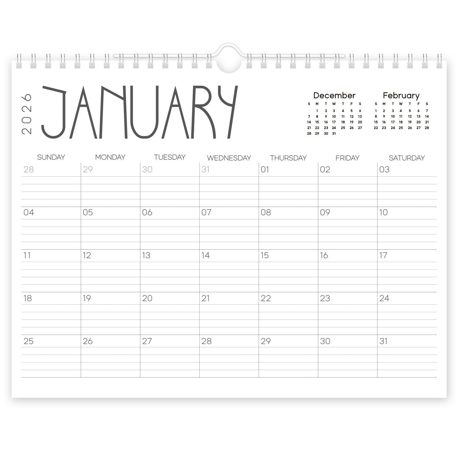 Календарь настенный 2026 11x8.6 дюймов (28x22x1.5 см) 12-месячный планер английский, 1 штука, материал бумага, цвет белый, вес 150 грамм, упаковка 28x22x1.5 см
