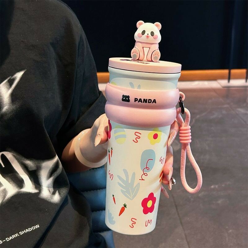 Kids friendly vacuum flask with detachable straw and carry rope for school and daycare panda pink