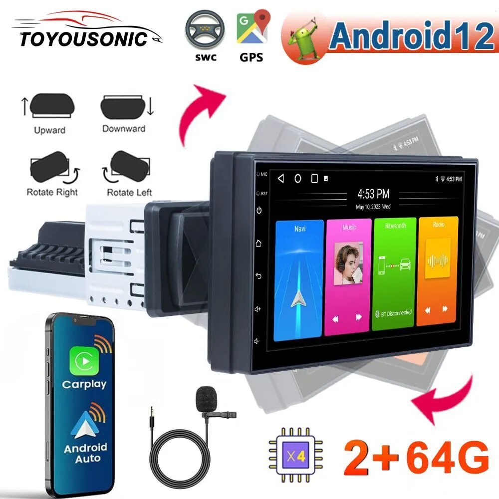 TOYOUSONIC Автомагнитола, диагональ: 7", 1 DIN, 2ГБ/64ГБ