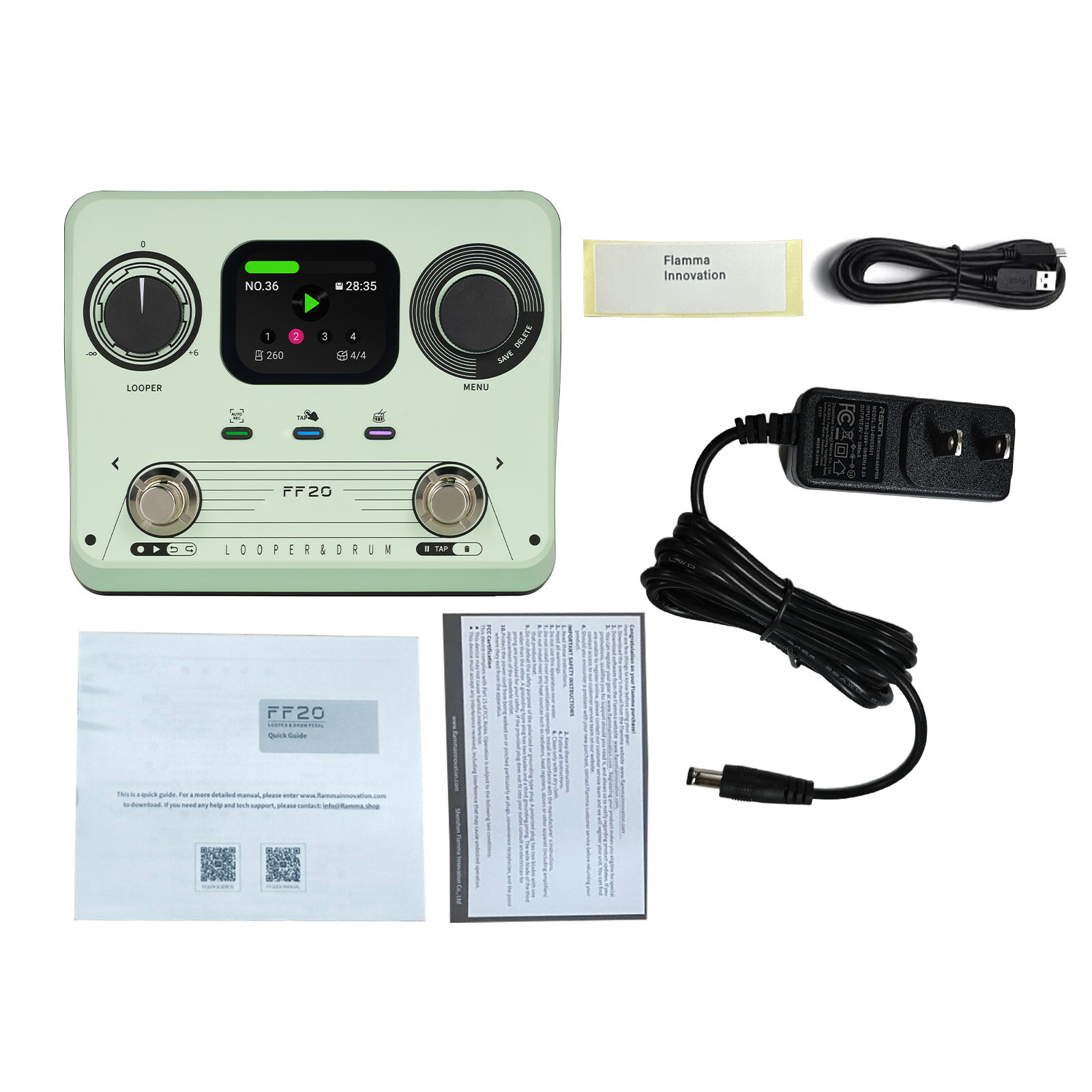 Драм-машина, лупер, гитарная педаль эффектов, двойное управление, стереозапись на 5 часов, 220 ритмических паттернов, технология растягивания времени, электронный процессор, зеленый цвет, вилка стандарта США.