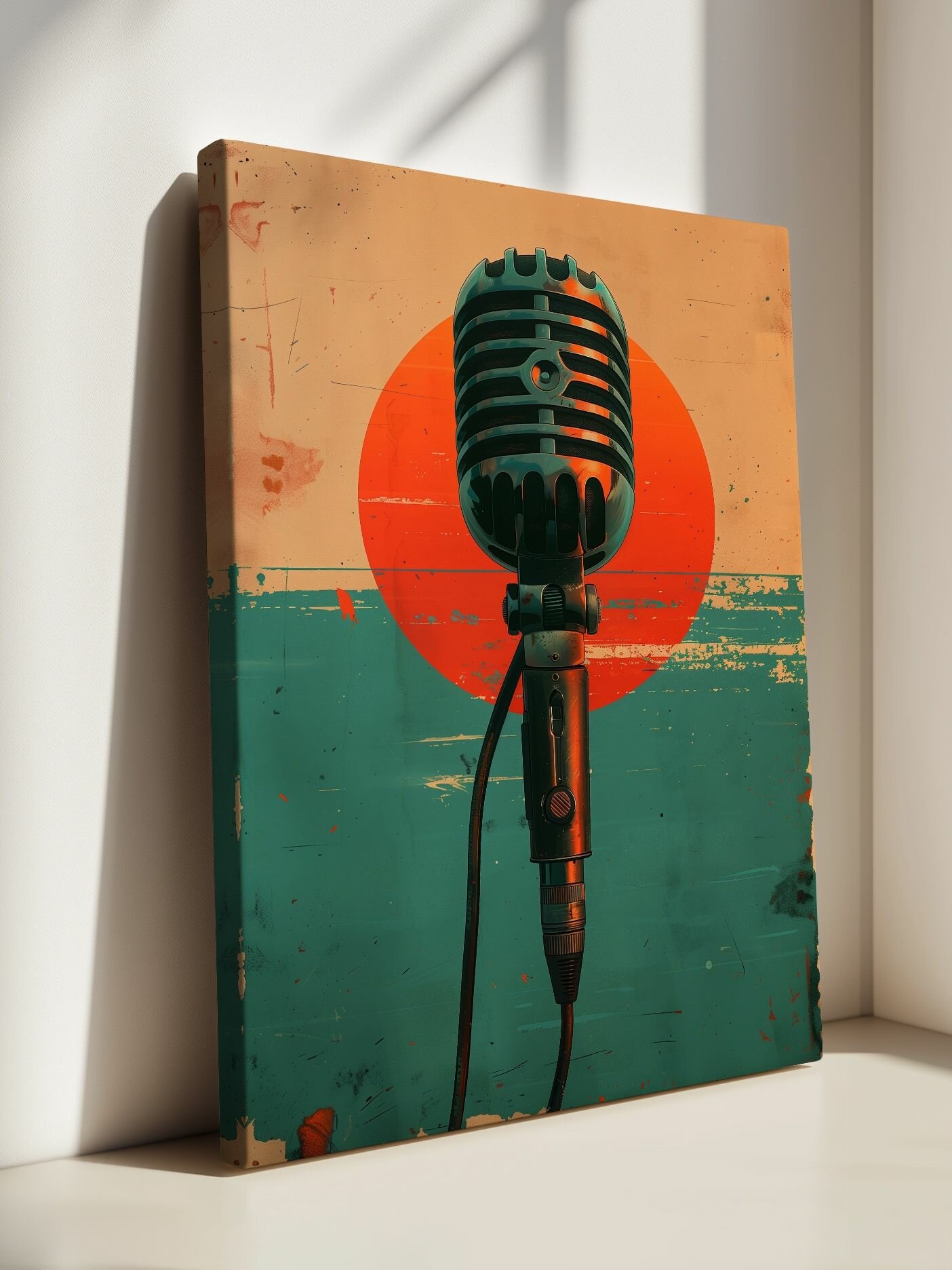 Картина на холсте (ретро микрофон, микрофон, абстрактный фон, оранжевый круг, зеленый фон, винтаж, арт) 80x110 см. Интерьерная на стену. Украшение в комнату. В подарок.
