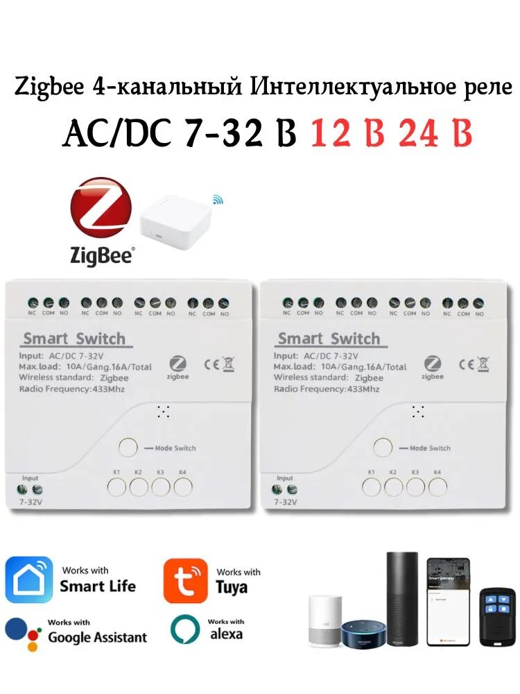 2 шт Zigbee 4 канала Умный WiFi выключатель DC 12V 24V на DIN рейку Реле Для светодиодных лент, управления двигателями и домашней автоматизации